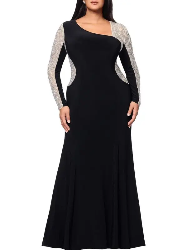 XSCAPE EVENINGS Studded Contrast Trumpet Gown - Black/ Beige/ Silver