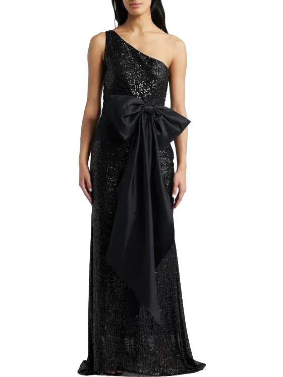Eliza J One-shoulder Sequined Gown - Black