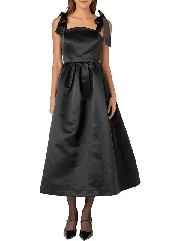English Factory Bow Strap Satin Midi Dress - Black