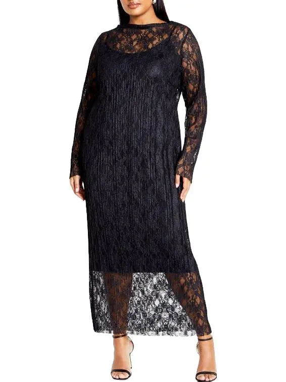 City Chic Long Sleeve Plissé Lace Sheath Dress - Black