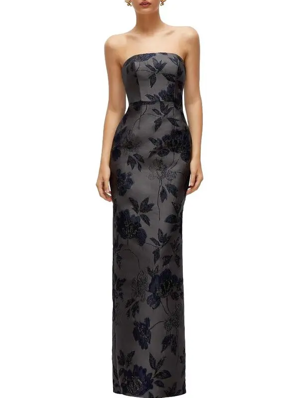 Alfred Sung Metallic Floral Jacquard Strapless Gown - Noir Midnight Navy