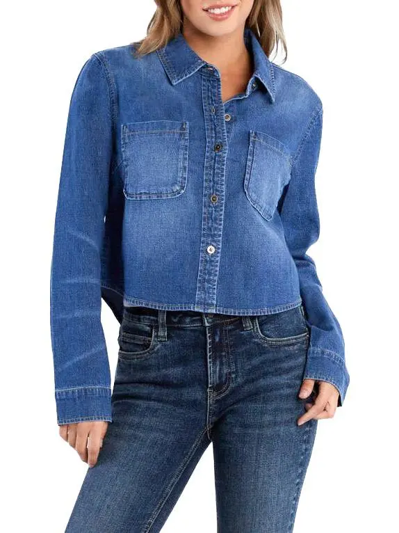 WASH LAB DENIM Francine Crop Stretch Denim Shirt - Bliss Blue