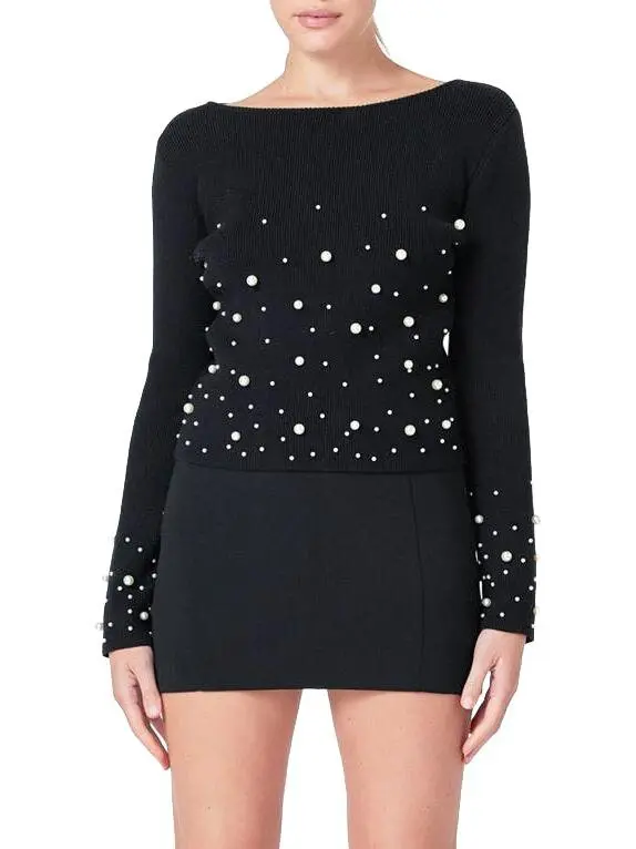 Endless Rose Imitation Pearl Embellished Sweater - Black