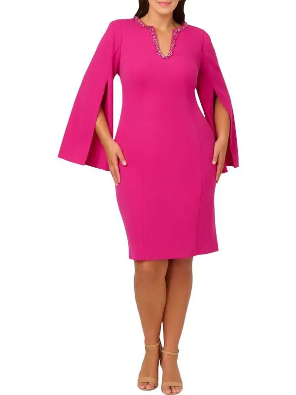 Adrianna Papell Jewel Cape Sleeve Crepe Sheath Dress - Berry Rose
