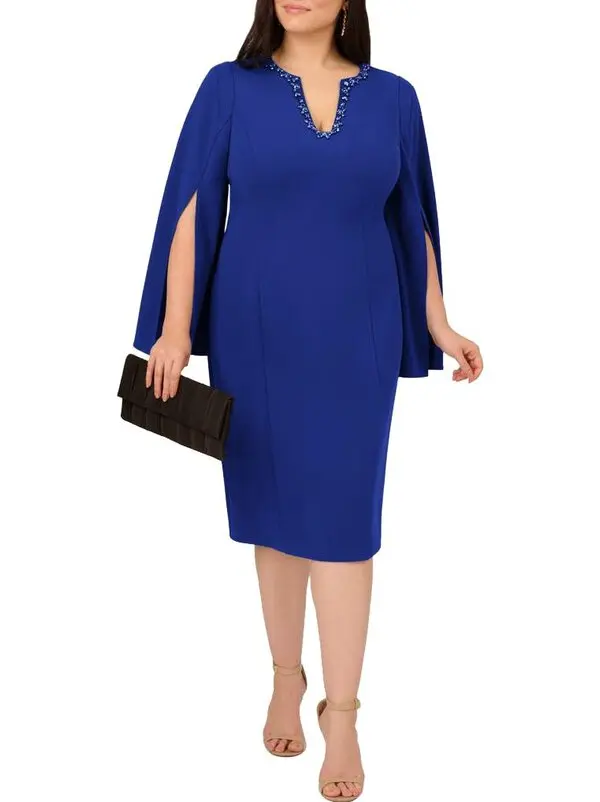 Adrianna Papell Jewel Cape Sleeve Crepe Sheath Dress - Royal Sapphire