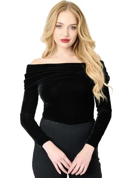 Unique Vintage Fold Over Shoulder Knit Top - Black