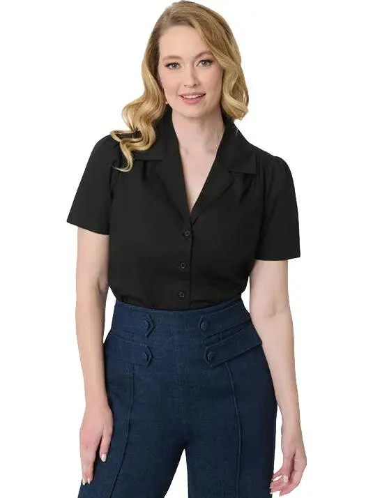 Unique Vintage 1940s Short Sleeve Button Down Blouse - Black