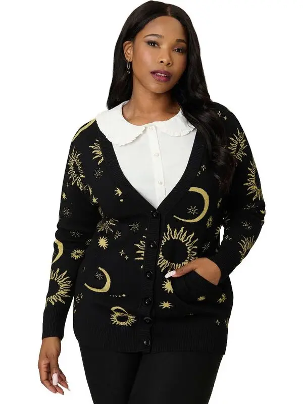 Unique Vintage Printed Knit Long Cardigan - Black & Gold Celestial