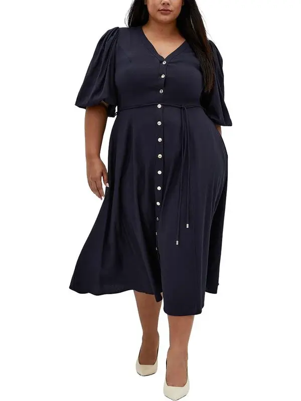 City Chic Dahlia Puff Sleeve Midi Dress - Navy