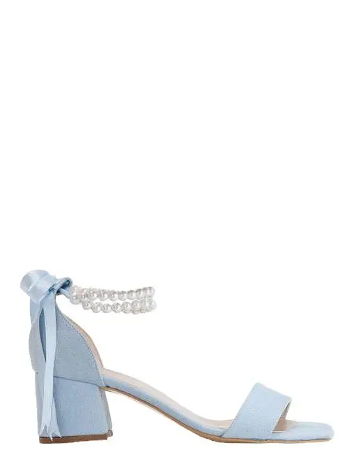 FOREVER & ALWAYS SHOES Illy Low Block Heel Pearl Sandals - Baby Blue Suede