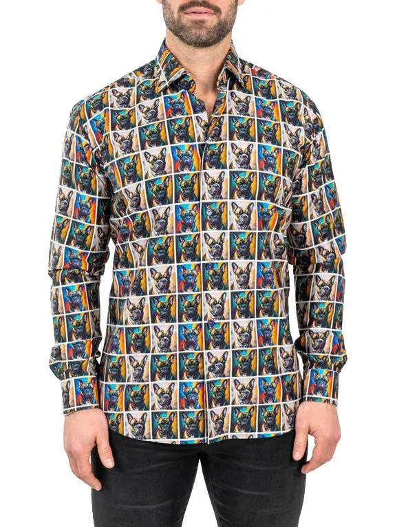 MACEOO Fibonacci Puppy Portrait Contemporary Fit Button-up Shirt - Brown
