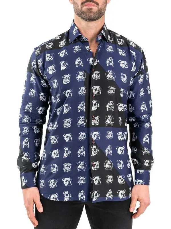MACEOO Fibonacci Bulldog Print Contemporary Fit Button-up Shirt - Blue