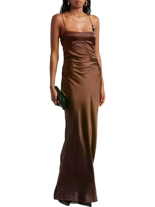 Sir The Label Lush Beaded Silk Satin Slip Dress - Brown
