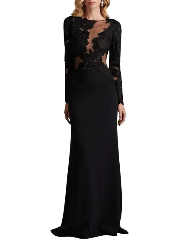 Tadashi Shoji Embroidered Floral Illusion Gown - Blacknude