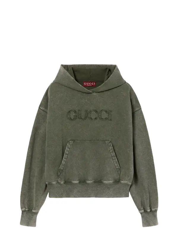 Gucci Embroidered Cotton Jersey Hooded Sweatshirt - Green
