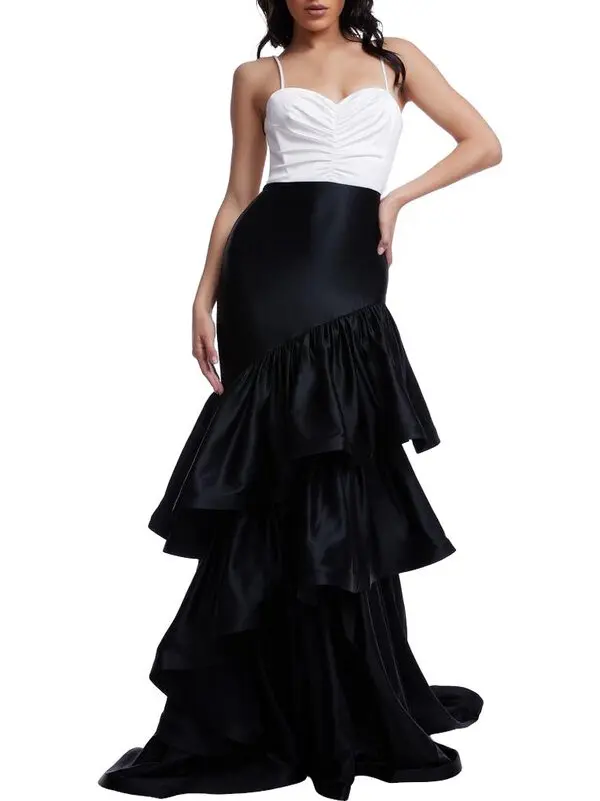Dress The Population Clarice Tiered Ruffle Gown - Off White-black