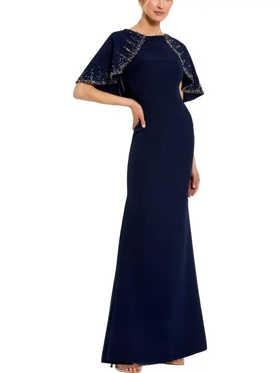 Mac Duggal Crepe High Neck Fitted Gown With Beaded Shawl - Midnight