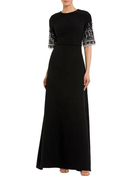 Mac Duggal Crepe A-line Gown With Beaded Sleeves - Black