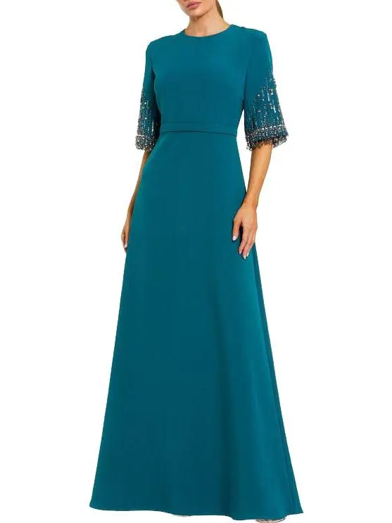 Mac Duggal Crepe A-line Gown With Beaded Sleeves - Ocean
