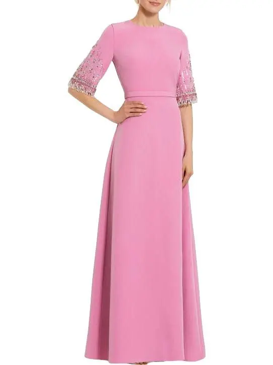 Mac Duggal Crepe A-line Gown With Beaded Sleeves - Rose