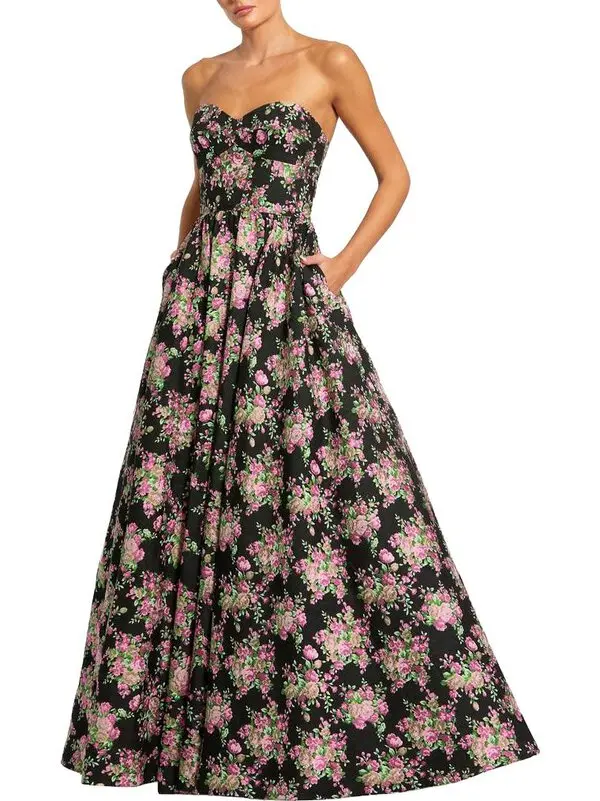 Mac Duggal Strapless Sweetheart Brocade Floral Gown - Black Multi