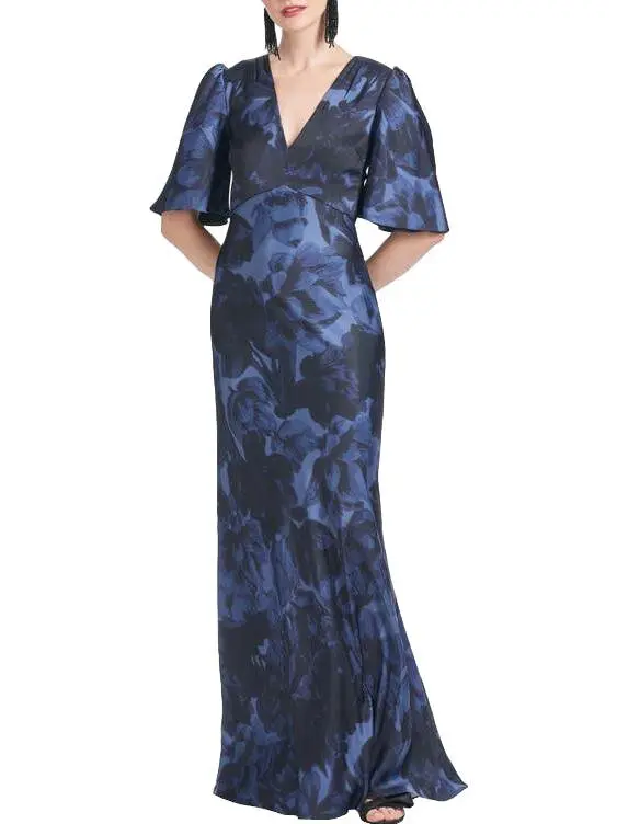 Sachin & Babi Mae Floral Print Satin Crepe Trumpet Gown - Deep Ocean Bouquet
