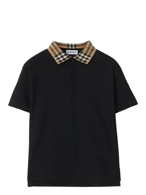 Burberry Check Collar Cotton Polo Shirt - Black