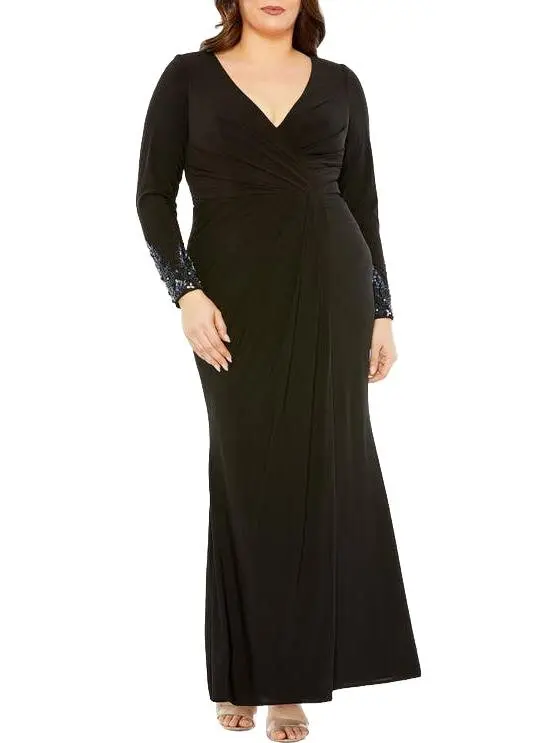 Mac Duggal Long Sleeve V-neck Gown - Black