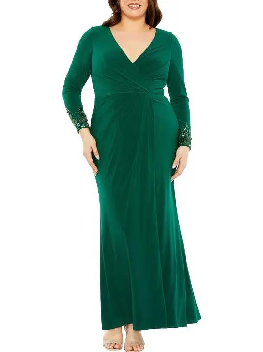 Mac Duggal Long Sleeve V-neck Gown - Emerald