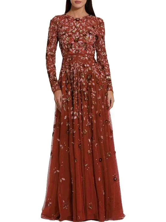 Mac Duggal Embellished High Neck Long Sleeve A-line Gown - Cinnamon