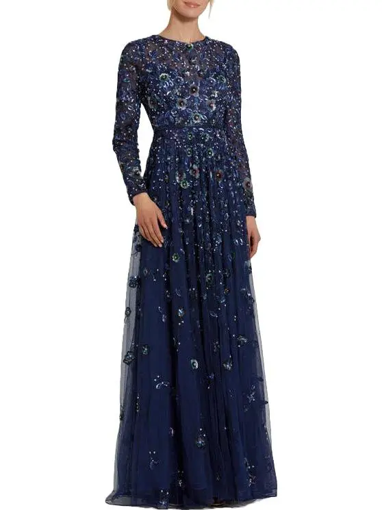 Mac Duggal Embellished High Neck Long Sleeve A-line Gown - Navy