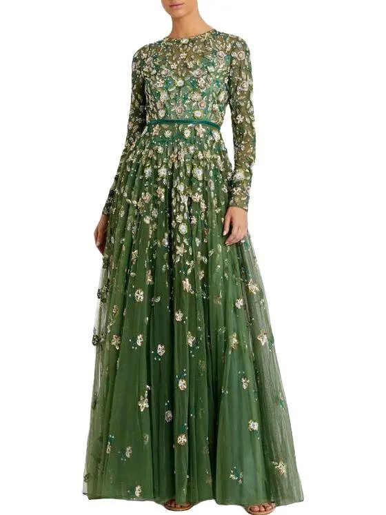 Mac Duggal Embellished High Neck Long Sleeve A-line Gown - Sage