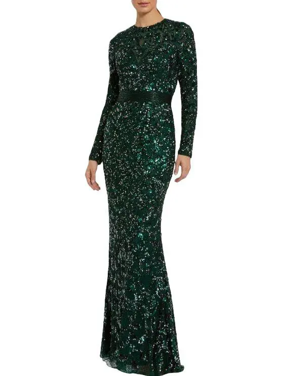 Mac Duggal Embellished Long Sleeve Gown - Forest Green