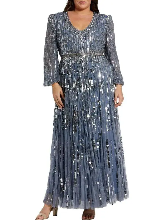 Mac Duggal Long Sleeve Beaded Crystal V-neck Gown - Slate Blue