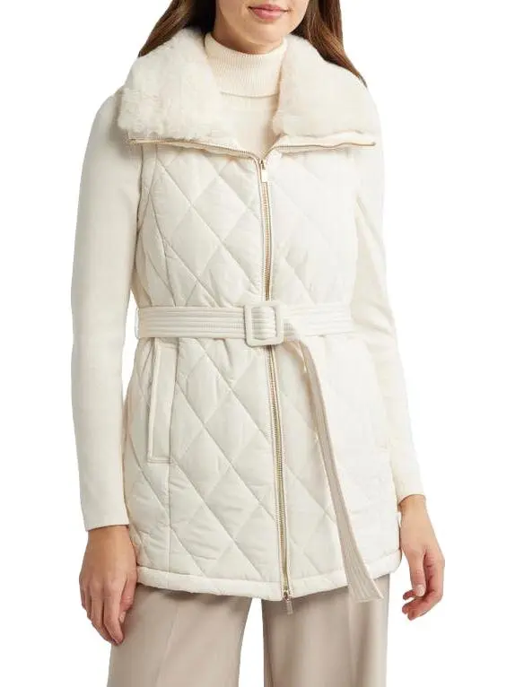 Anne Klein Belted Quilted Vest With Faux Fur Collar - Anne White