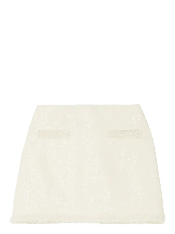 SELF-PORTRAIT Faux Pearl-embellished Sequined Bouclé-tweed Mini Skirt - Cream