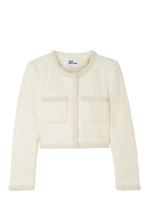 SELF-PORTRAIT Cropped Sequin Tweed Jacket - Cream