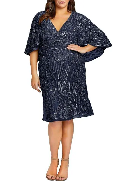 Mac Duggal Embellished Cape Sleeve Cocktail Dress - Navy