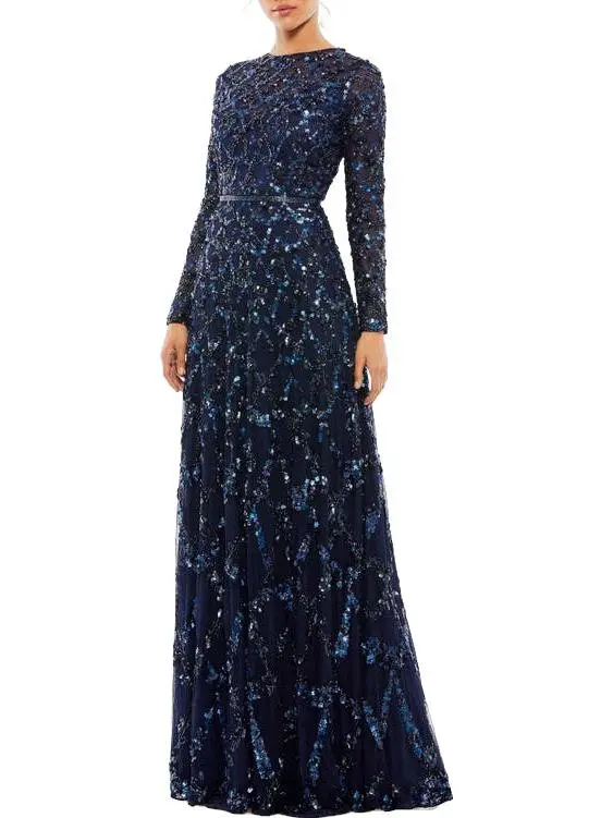 Mac Duggal Embellished High Neck A-line Gown - Midnight