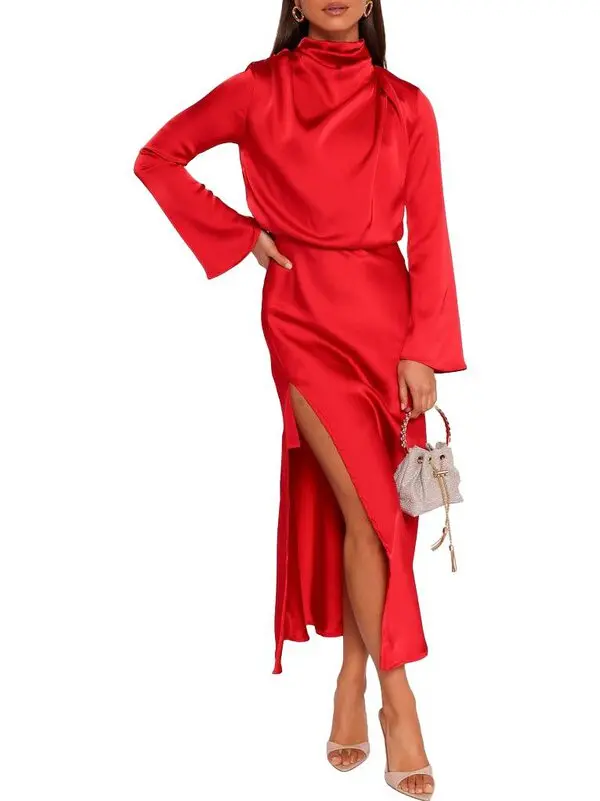 PETAL & PUP Kristyn Long Sleeve Satin Dress - Red