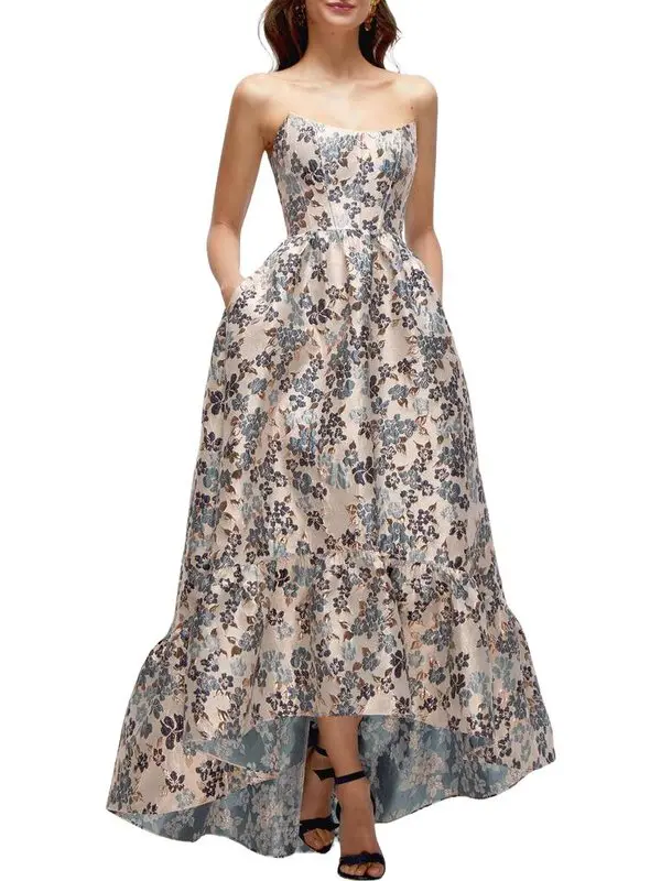 Dessy Collection Floral Brocade High-low Gown - Indigo Midnight