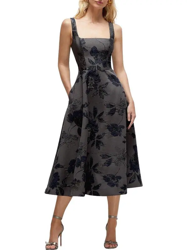 Dessy Collection Metallic Floral Fit & Flare Midi Dress - Noir Midnight Navy