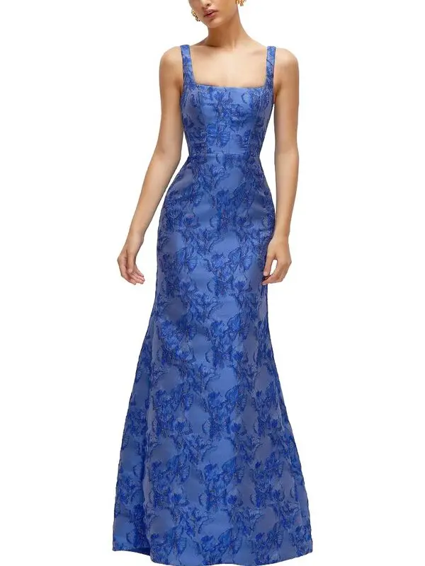 Dessy Collection Metallic Jacquard Trumpet Gown - Cobalt Jacquard