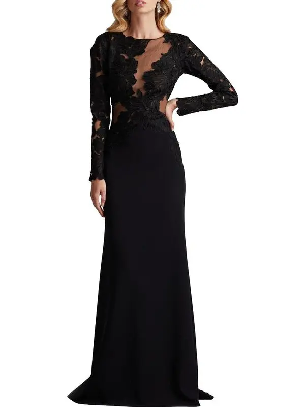 Tadashi Shoji Floral Embroidery Long Sleeve Gown - Black/nude