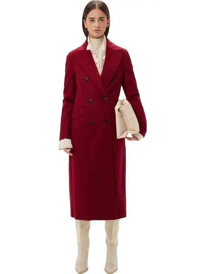 Gobi Cashmere Double Breasted Peak Lapel Long Coat - Bordeaux
