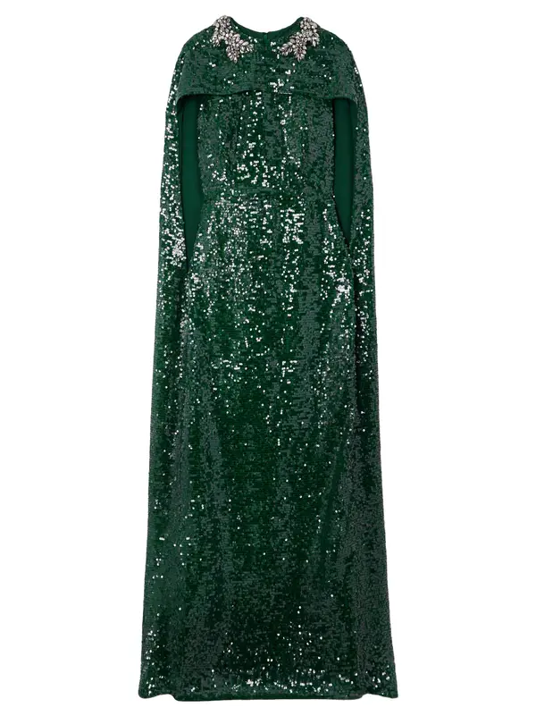 Erdem Cape-effect Crystal-embellished Sequined Gown - Green
