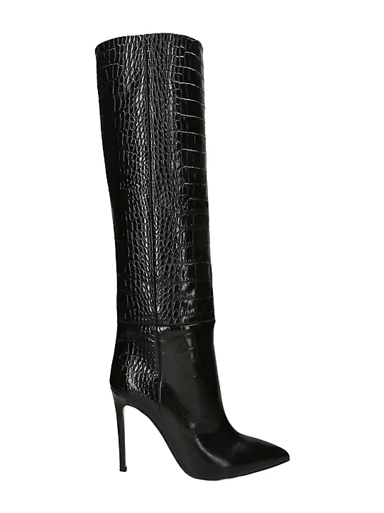 Paris Texas Pointed-toe Croc-embossed Leather Knee-high Boots - Black