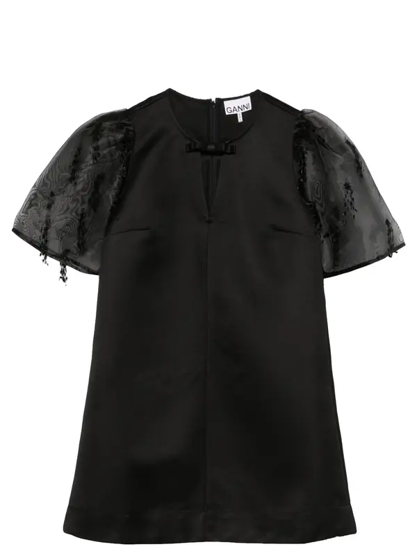 GANNI Fringed Organza Mini Dress - Black