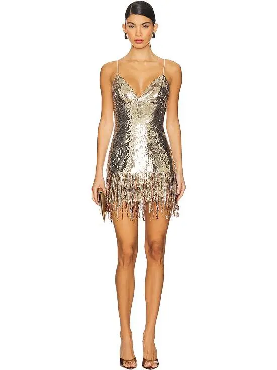 LOVERS AND FRIENDS Isabetta Sequin Fringe Mini Dress - Gold Sequin