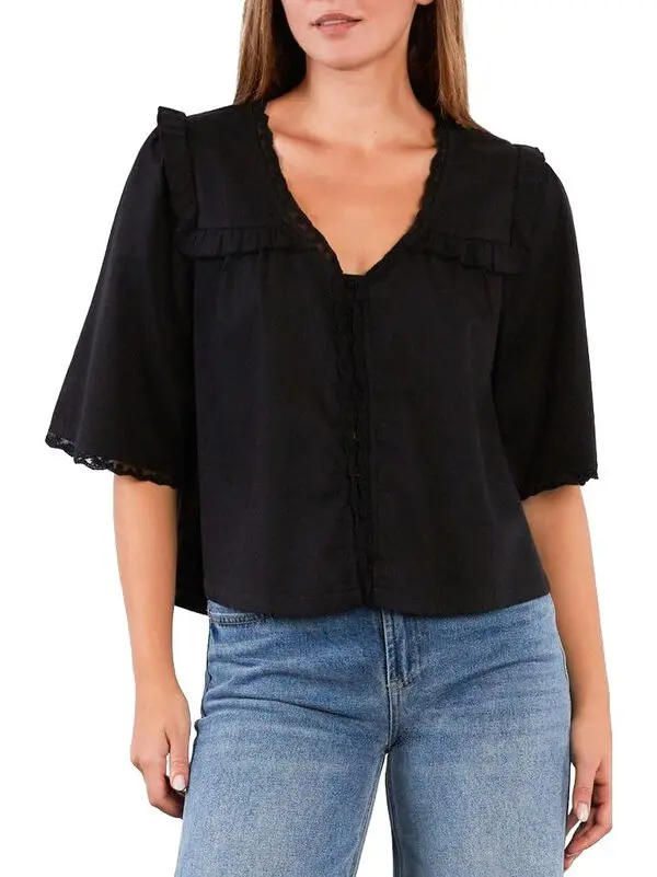 BILLY T Juliet Lace & Ruffle Cotton Blend Top - Black